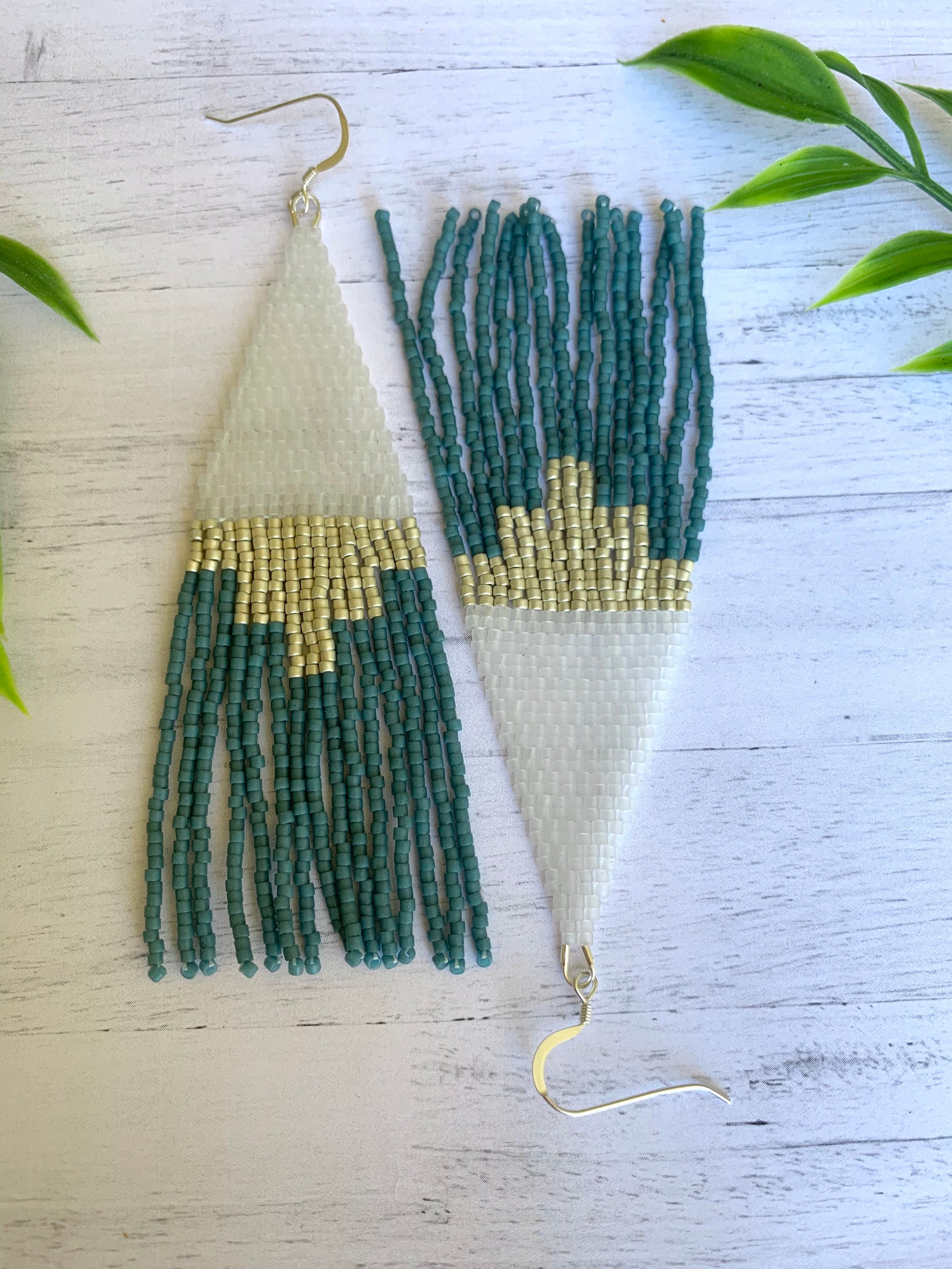 Blue Beaded Earrings Silver Statement Fringe Earrings Transparent Seed ...