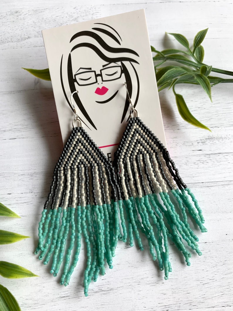 Aqua Seed Bead Earrings Aqua Dipped Fringe Earrings Gray - Etsy