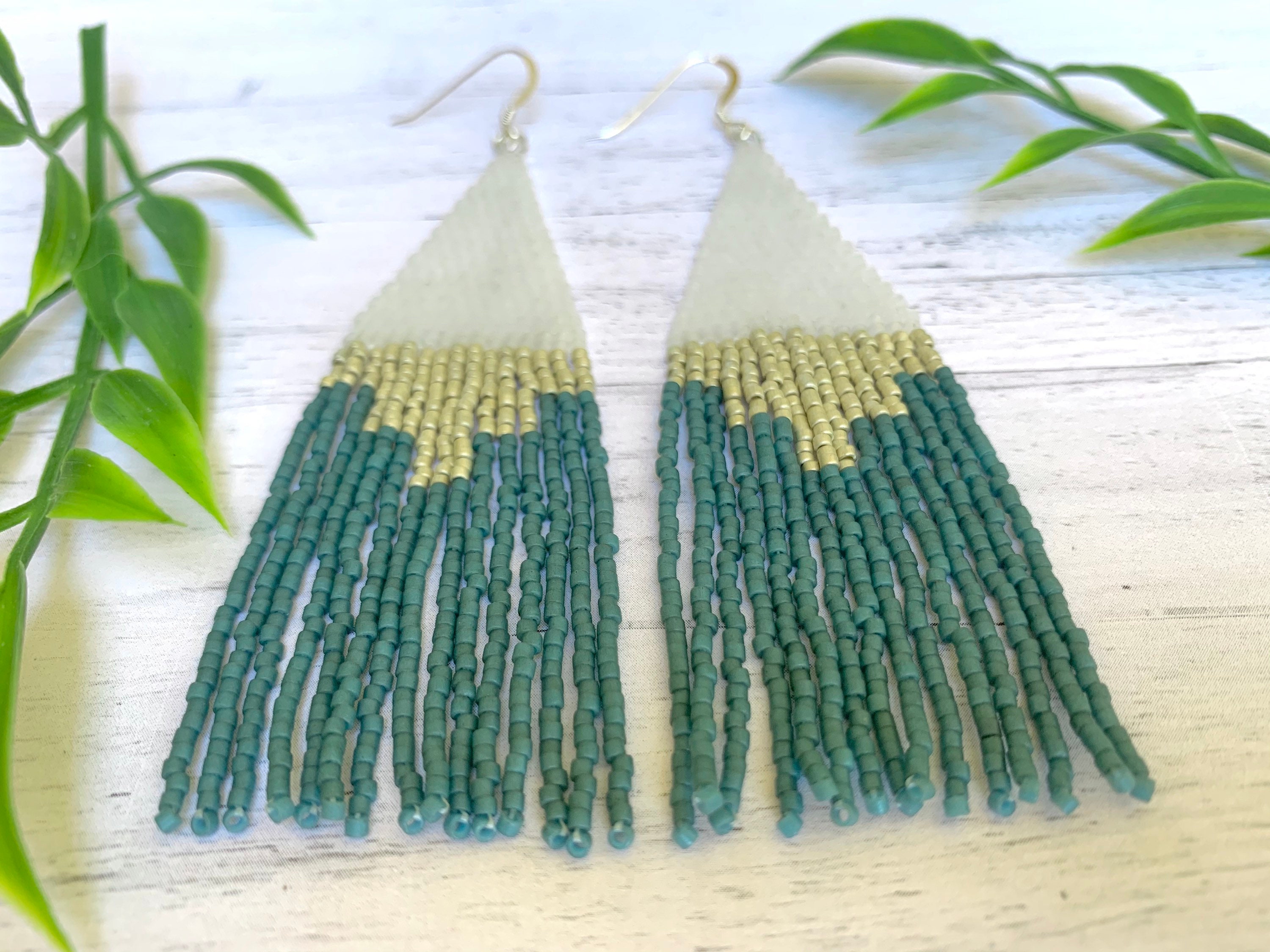 Blue Beaded Earrings Silver Statement Fringe Earrings Transparent Seed ...