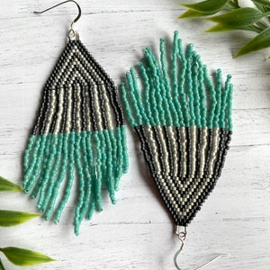 Aqua Seed Bead Earrings Aqua Dipped Fringe Earrings Gray - Etsy