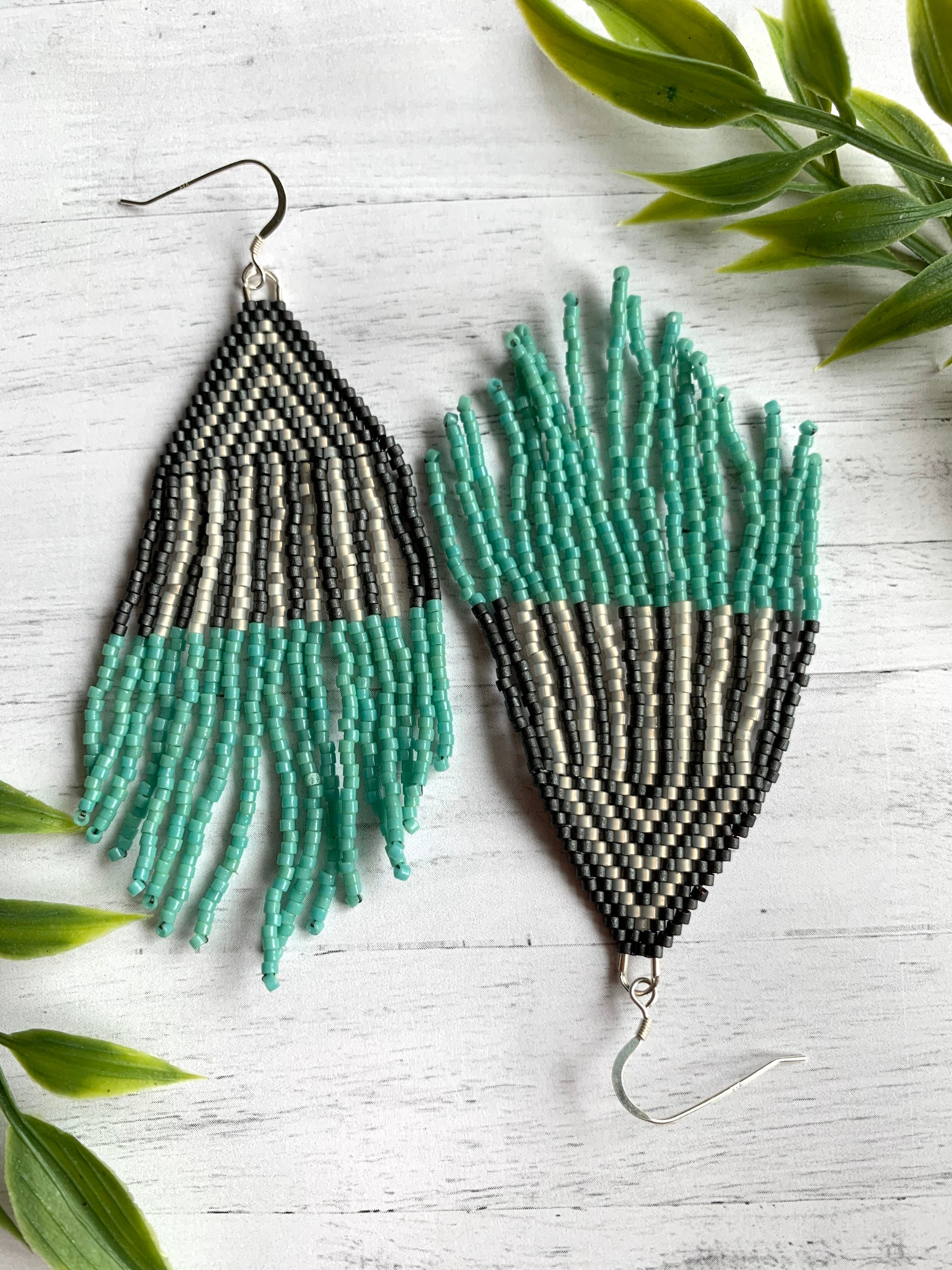 Aqua Seed Bead Earrings Aqua Dipped Fringe Earrings Gray - Etsy