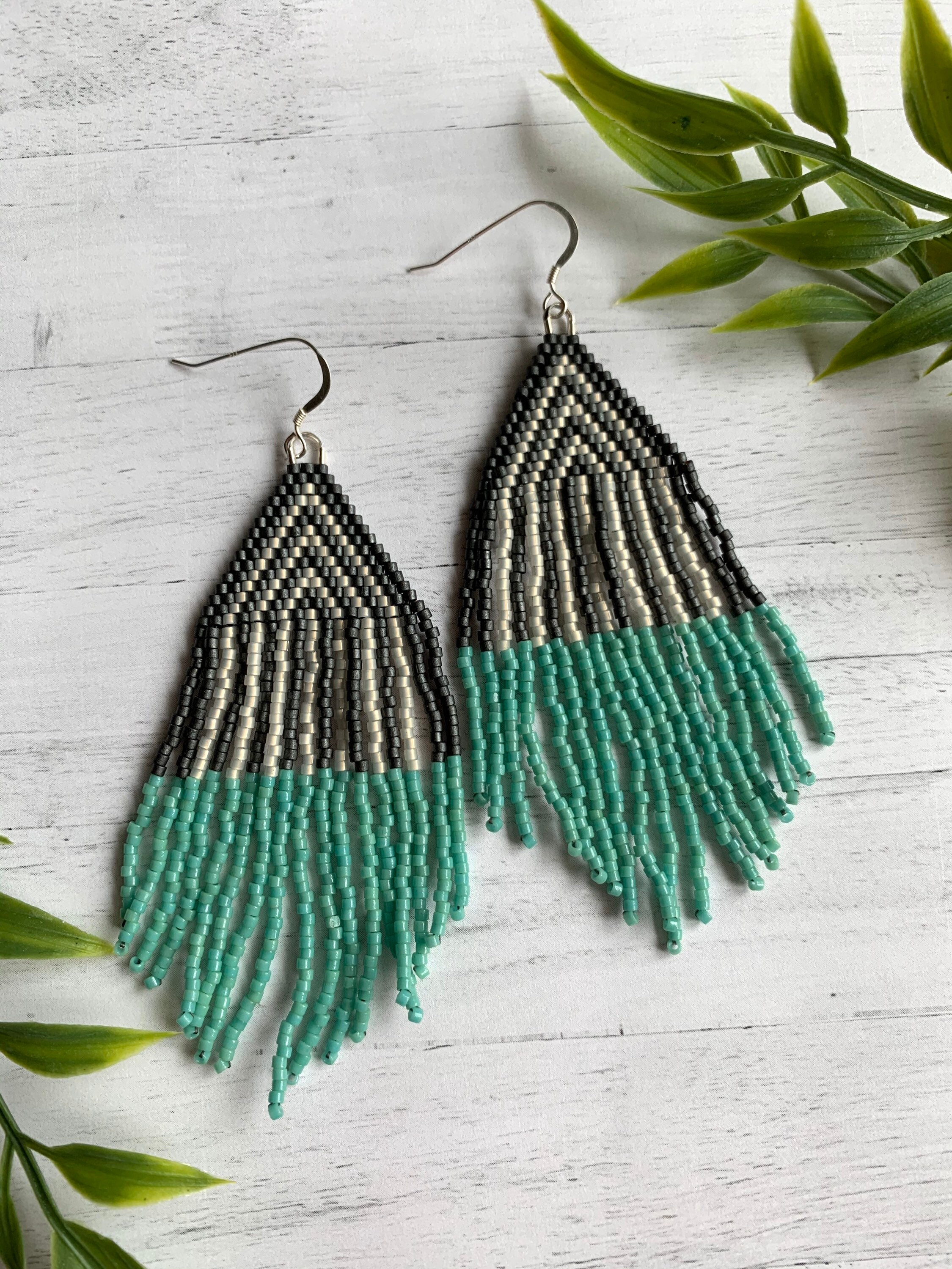 Aqua Seed Bead Earrings Aqua Dipped Fringe Earrings Gray - Etsy