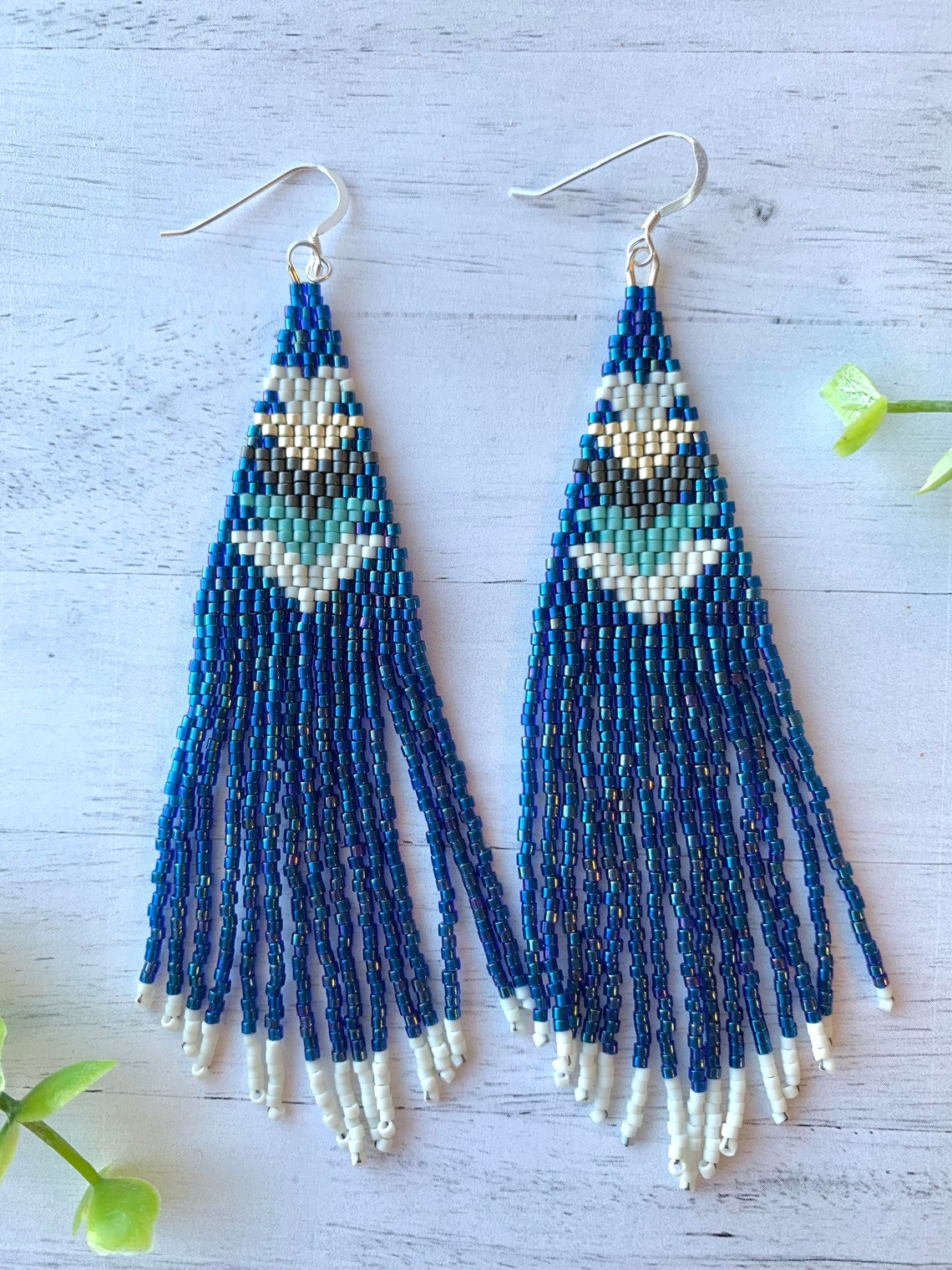 Blue Beaded Earrings Navy Blue Statement Earrings Iridescent Fringe ...