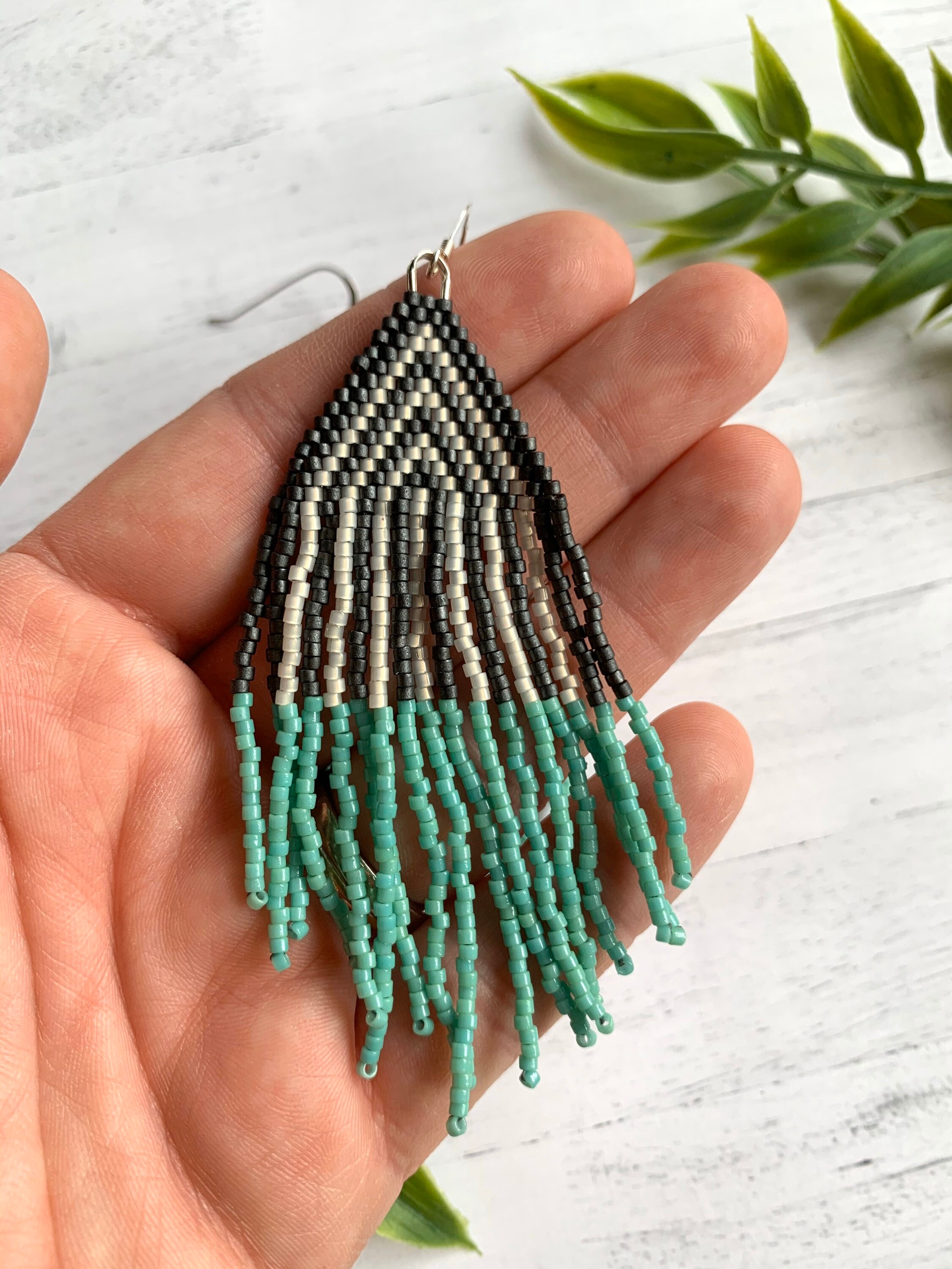 Aqua Seed Bead Earrings Aqua Dipped Fringe Earrings Gray - Etsy