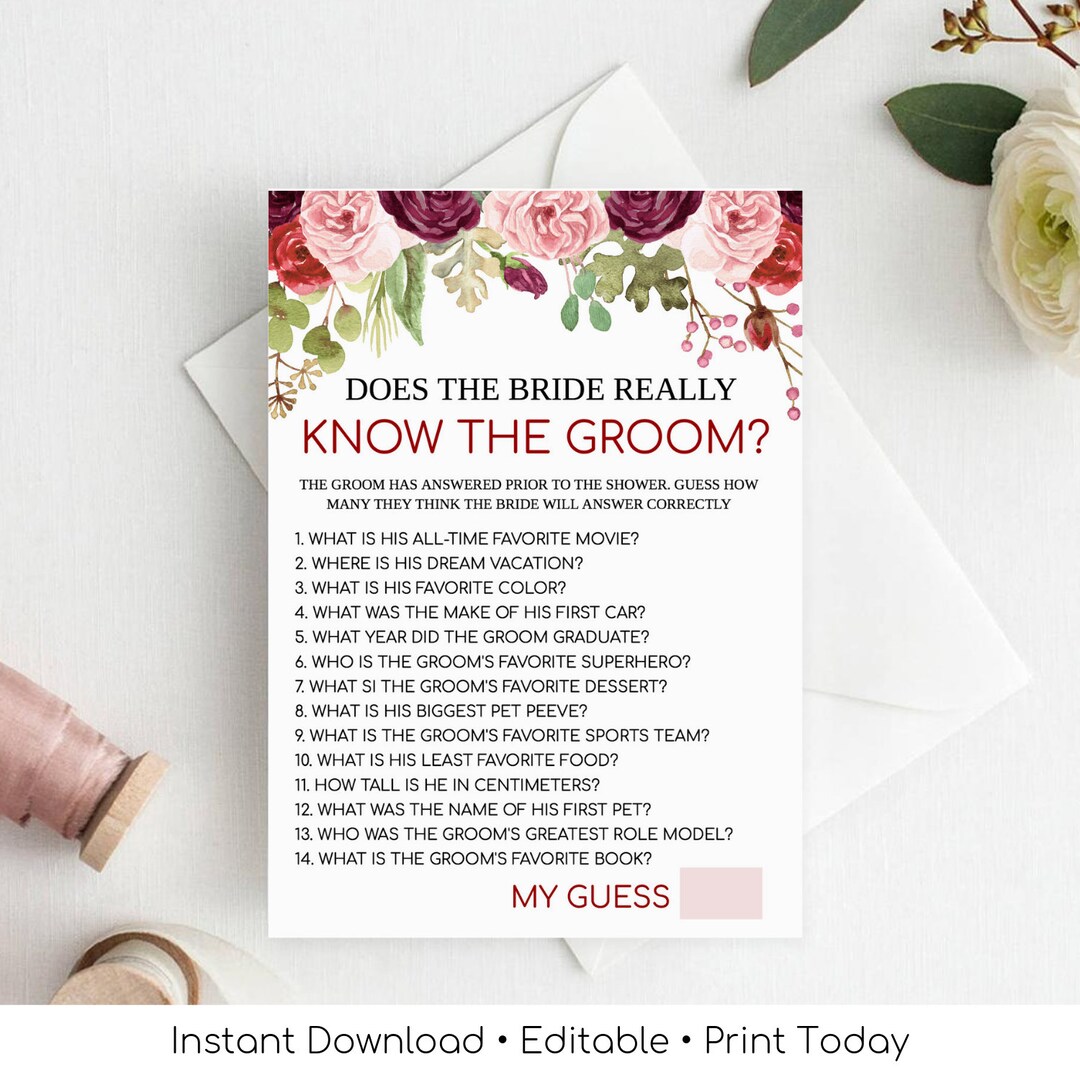Does the Bride Really Know the Groom, Bridal Shower Game, Printable ...