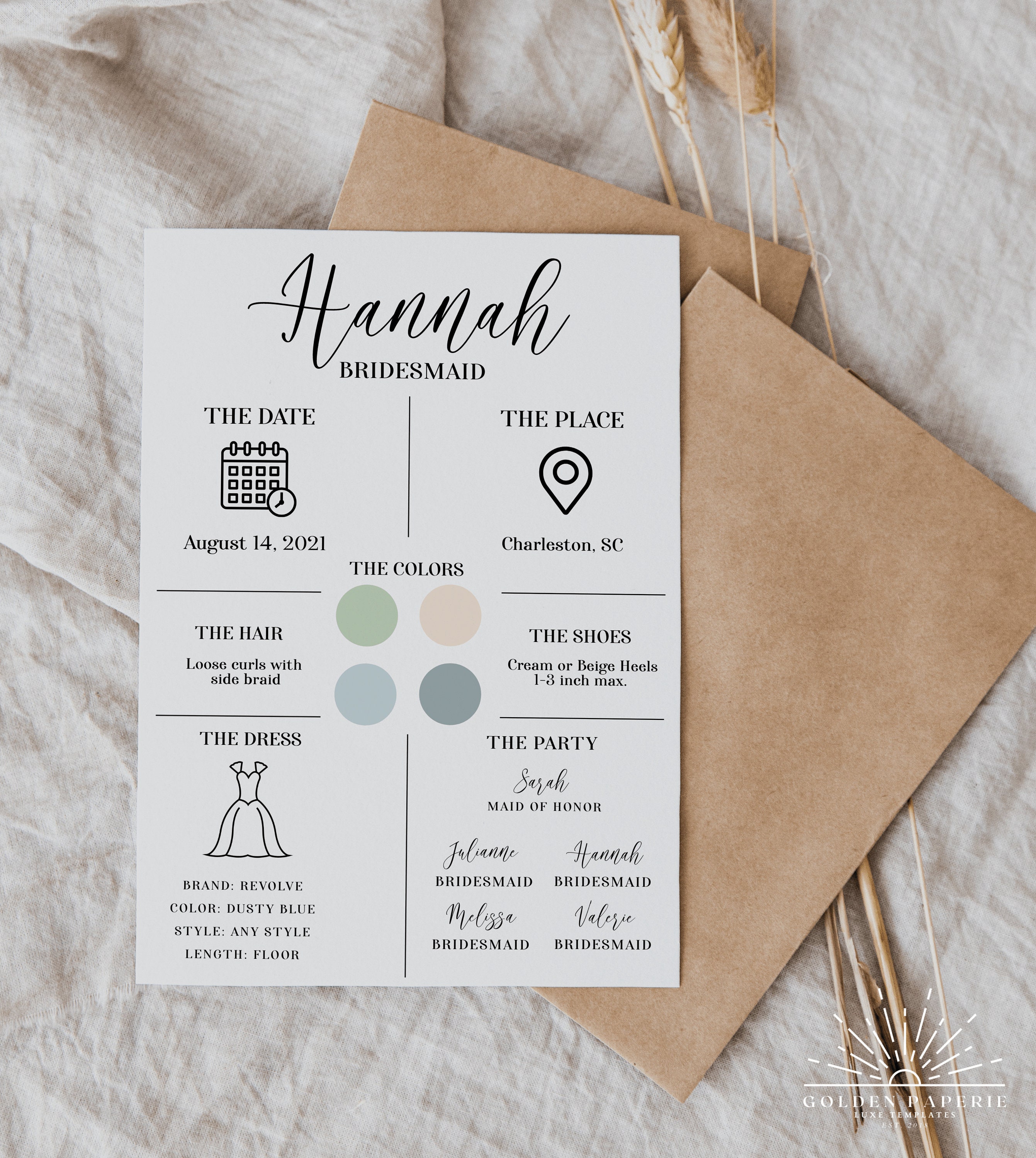 Bridesmaid Info Card Template Bridal Party Info Card Etsy