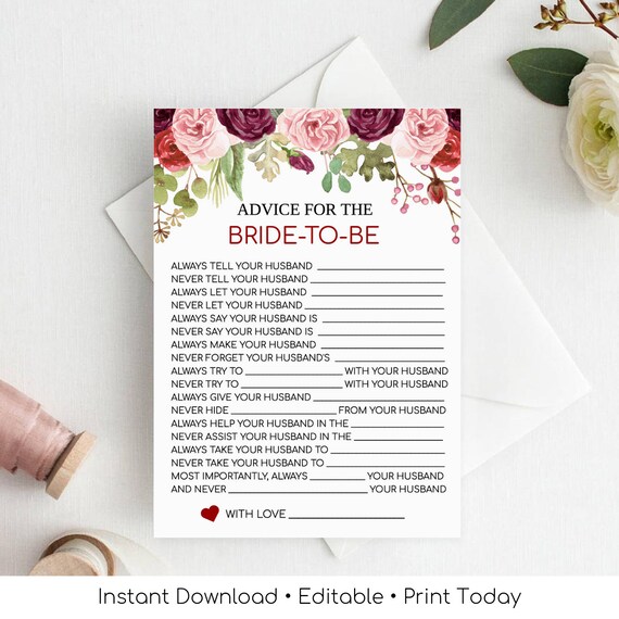 Printable Bridal Shower Advice Game Editable Advice For The Bride To