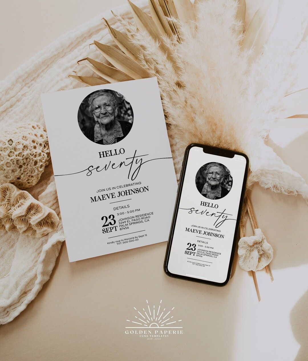 TARA - 70th Birthday Invitation With Photo Template, 70th Birthday E ...