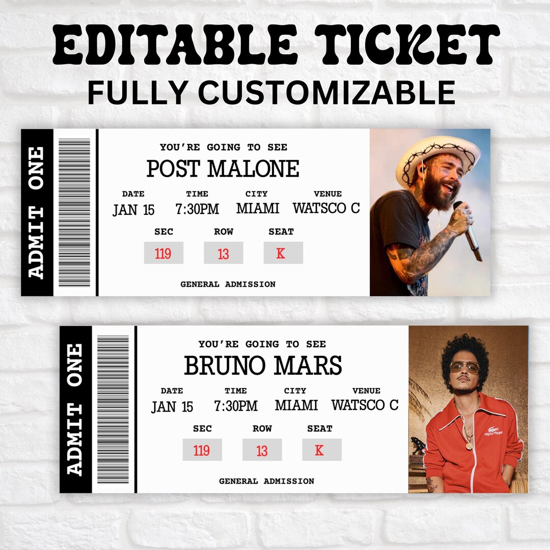 Concert Ticket Template, Editable Concert Tickets, Custom Concert Ticket, Personalized Event ...