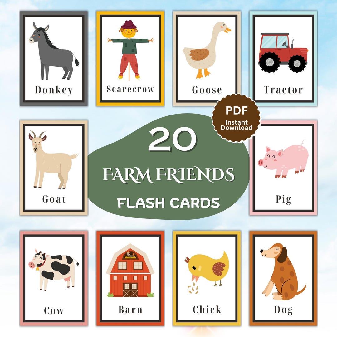 Farm Friends Flashcards for Kids - 20 Printable 5x7 Cards for Ages 4-6 ...