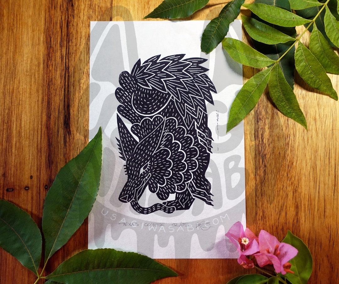The Texas Zodiac - Coyote Handmade Linocut Print - Etsy