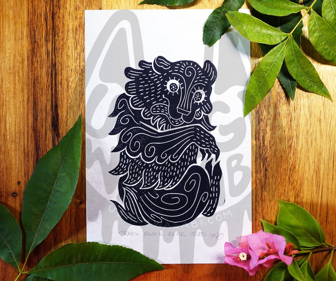 The Texas Zodiac - Black Bear Handmade Linocut Print - Etsy