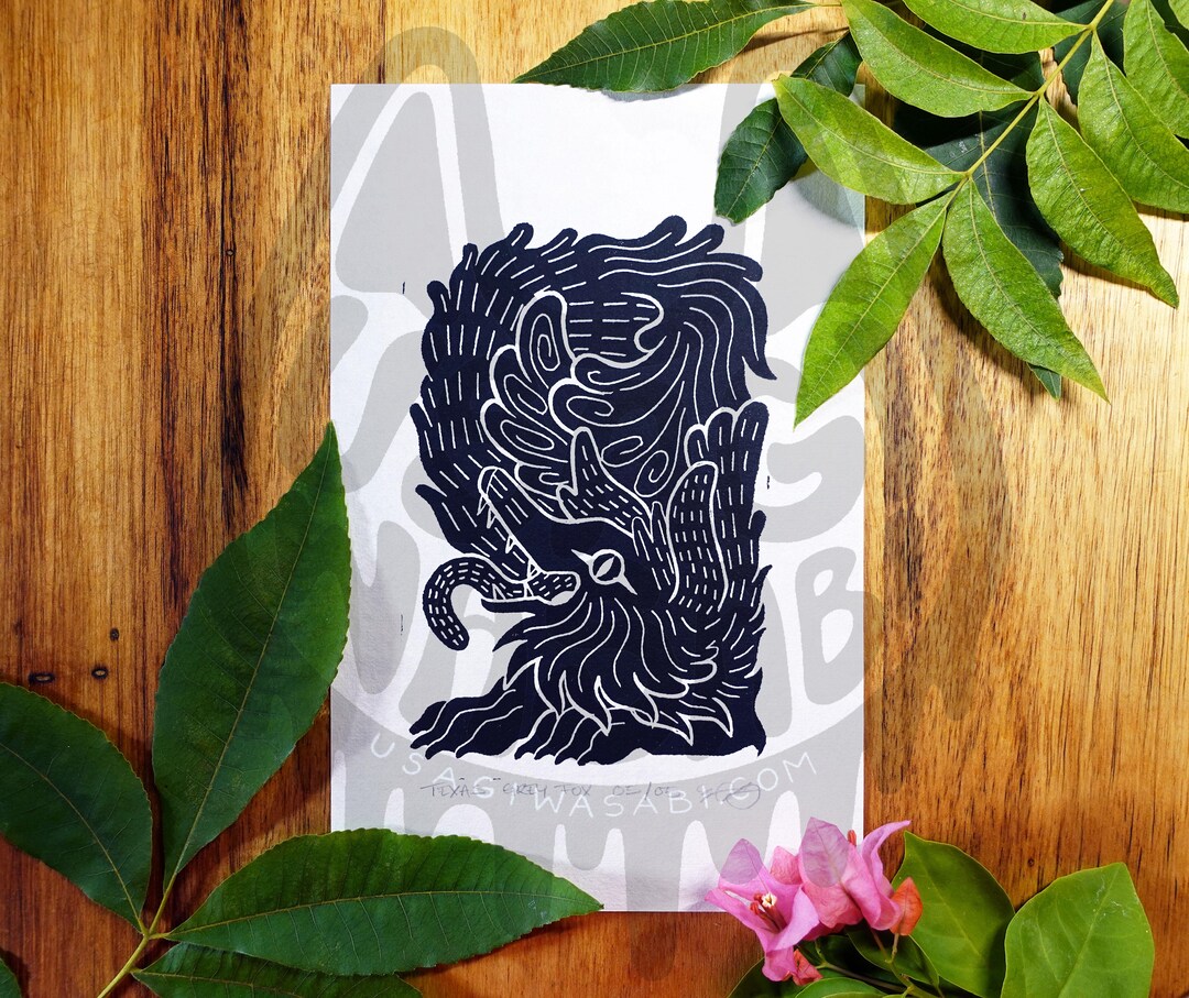 The Texas Zodiac - Grey Fox Handmade Linocut Print - Etsy