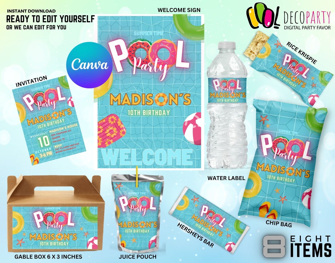 Pool Party Bundle Editable, Pool Party Decorations, Splash Party ...
