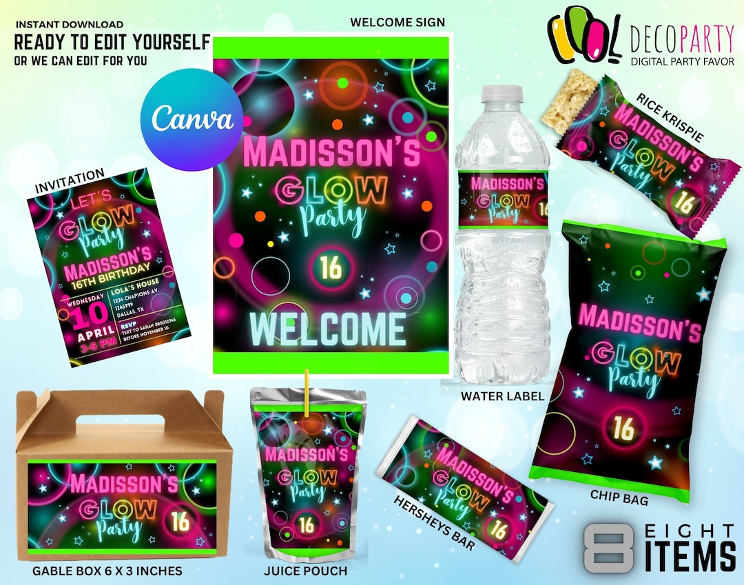 Glow Party Favors Bundle Editable, Lets Glow Party. Neon Birthday Party ...