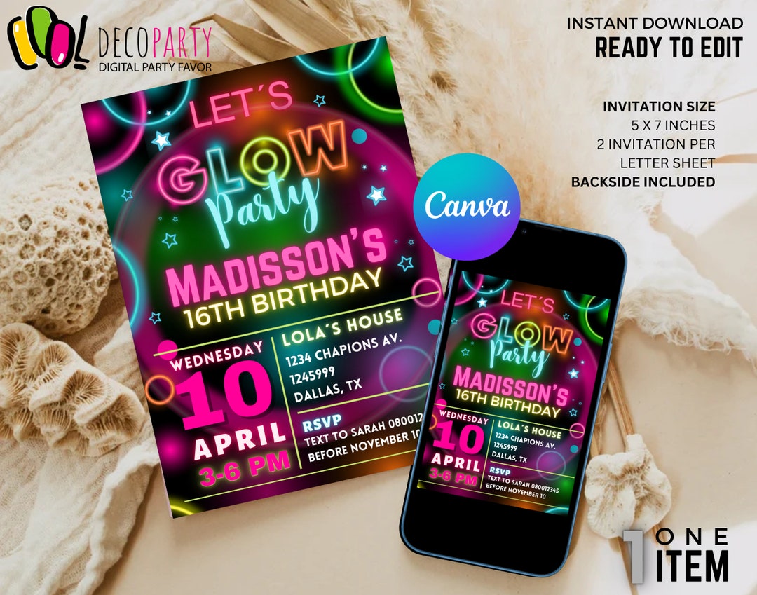 INVITATION Editable Glow Invitation, Glow Birthday Invitation, Neon ...