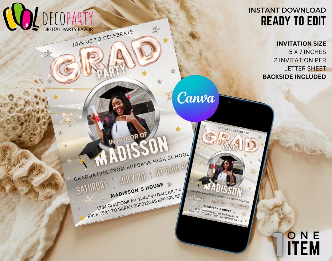 Graduation Luxury White Party Invite With Picture, Class of 2024 Grad ...