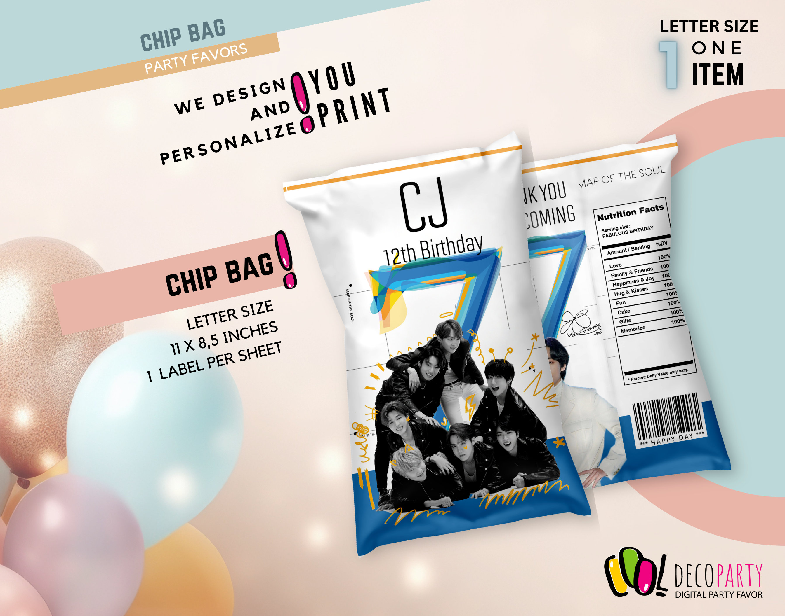 BTS Chip Bag Printable, Bts Birthday Party Favor, BTS Personalized Chip ...