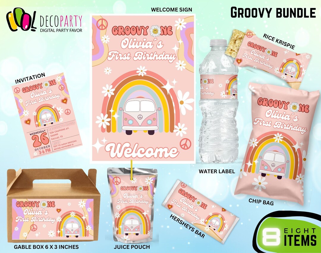 Editable Groovy Party Favors Bundle, Retro Hippie Party Decorations ...