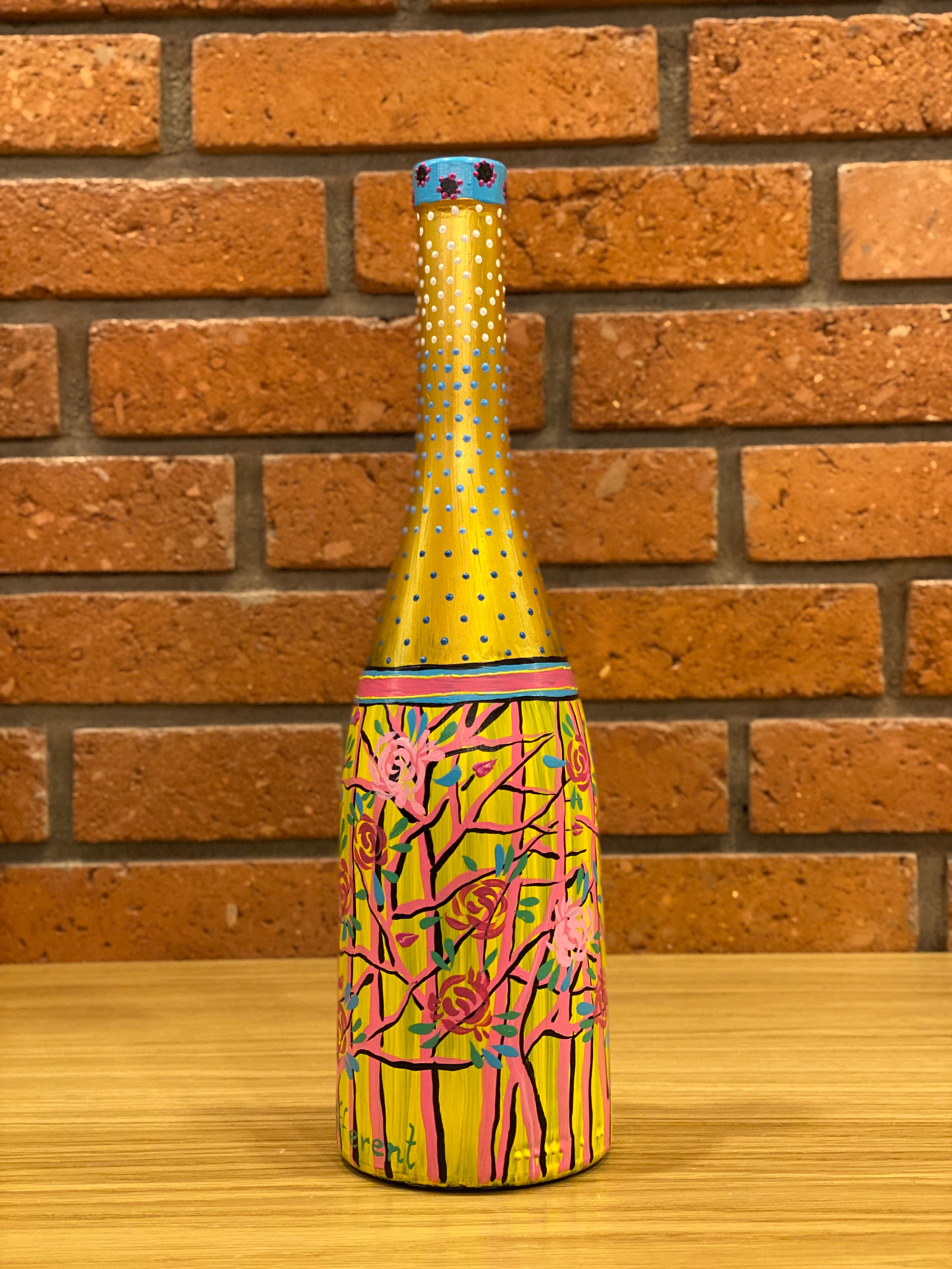 Hand Painted Bottle, Decorative Bottle, Abstract Flowers, Glass Painted ...