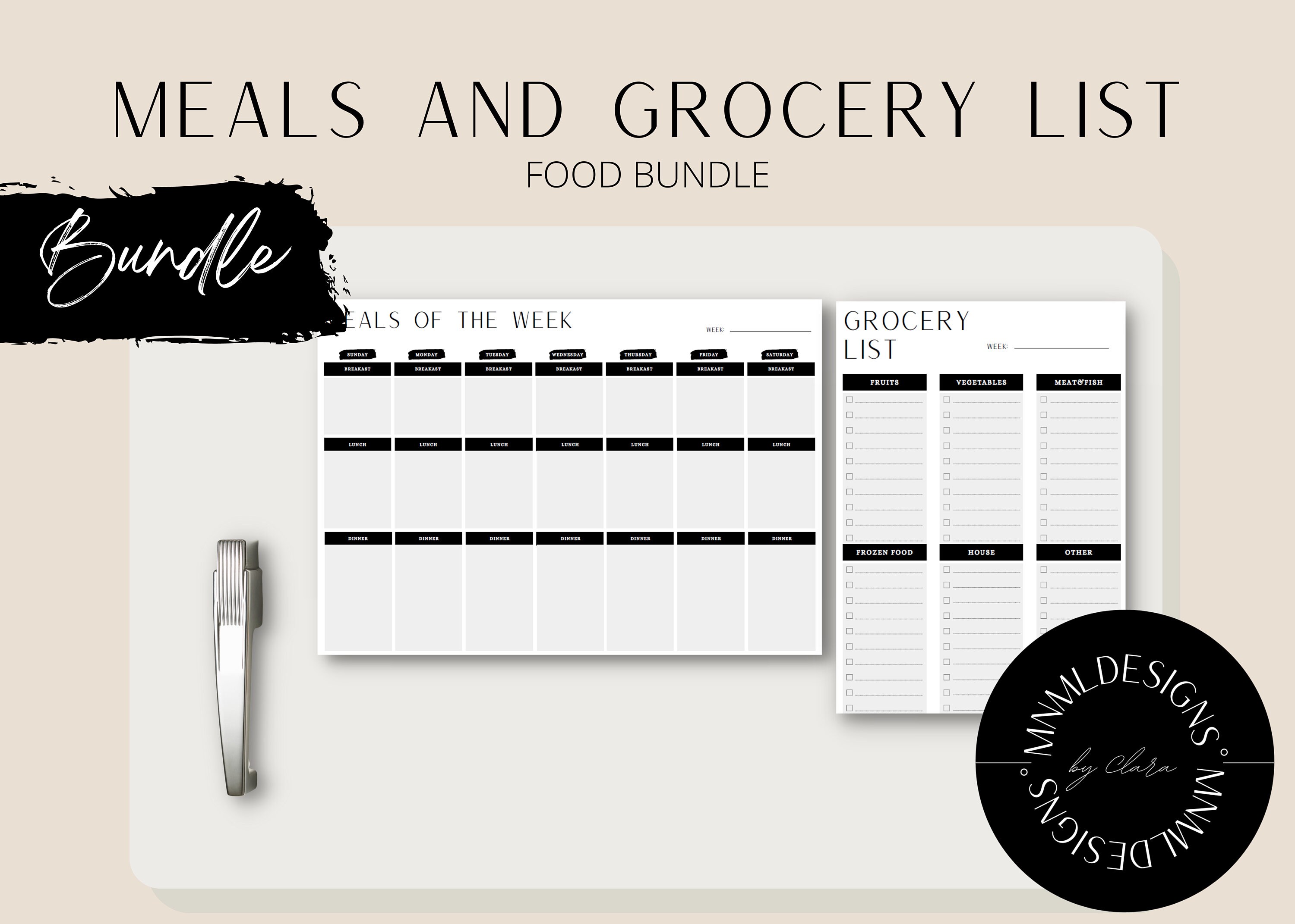 Bundle Grocery List and Meals of the Week Black & White Theme Habit ...