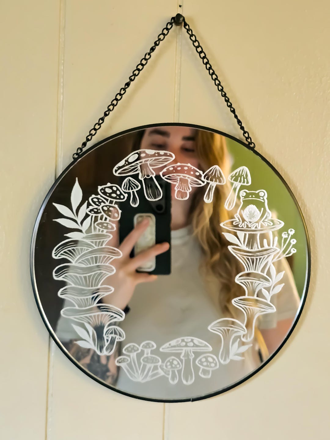 Mushroom Engraved Mirror | Frog Mirror Wall Art | Hand Etched Glass ...