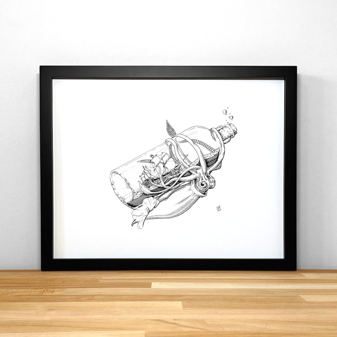 Tiny Kraken With Ship in a Bottle, Print of Original Ink Drawing - Etsy