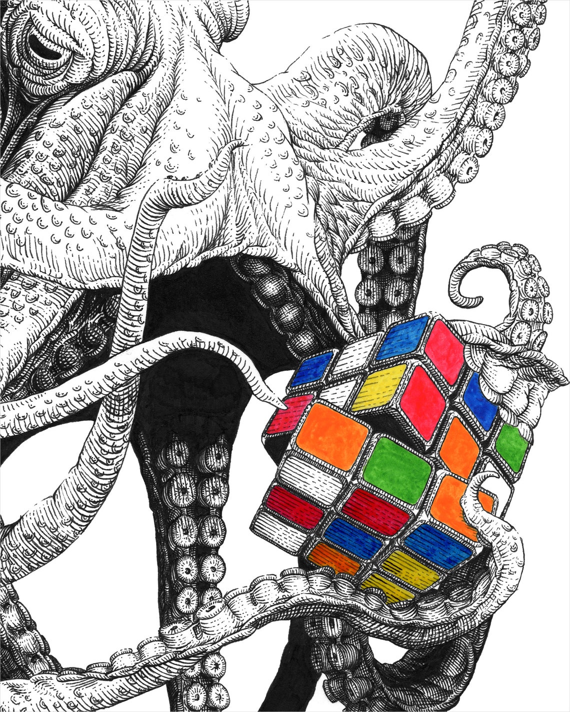 Octopus Solving Rubik's Cube Print of Original Ink - Etsy