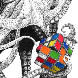 Octopus Solving Rubik's Cube, Print of Original Ink Drawing - Etsy