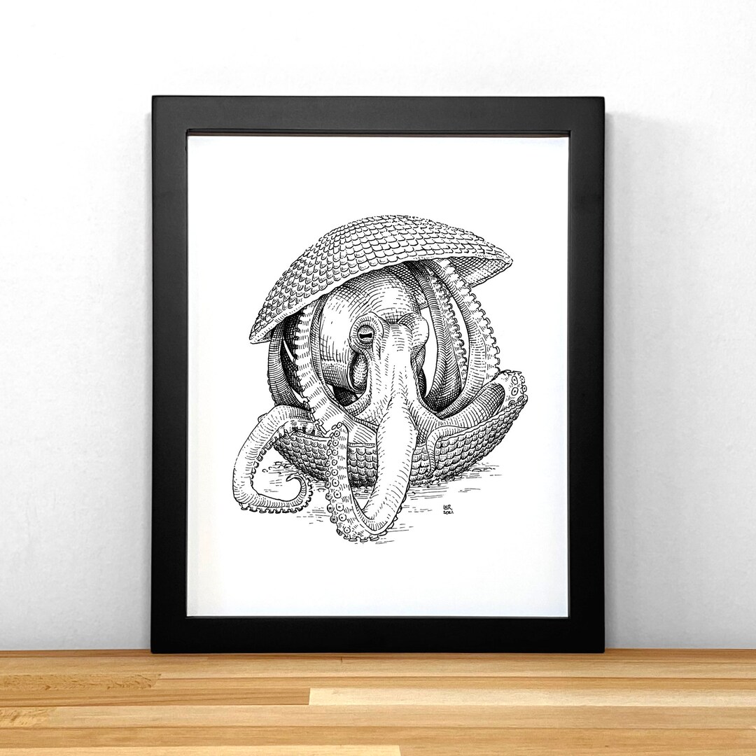 Coconut Octopus, Print of Black & White Ink Illustration - Etsy
