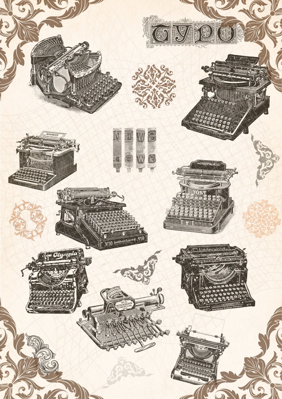 Vintage Typewriter Collage Poster: Art Nouveau Mechanical Art (digital ...