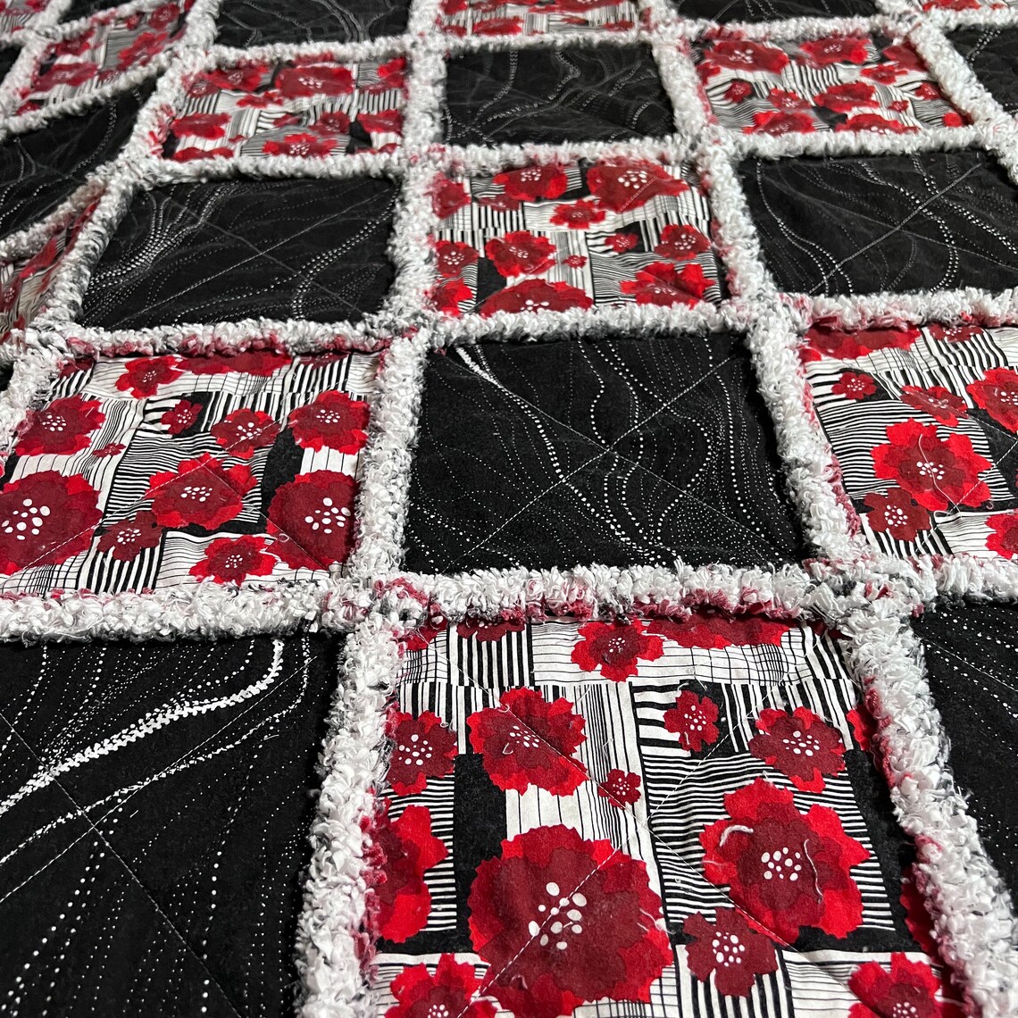 Large Rag Quilt Throw Size Red Black White Modern Graphic - Etsy