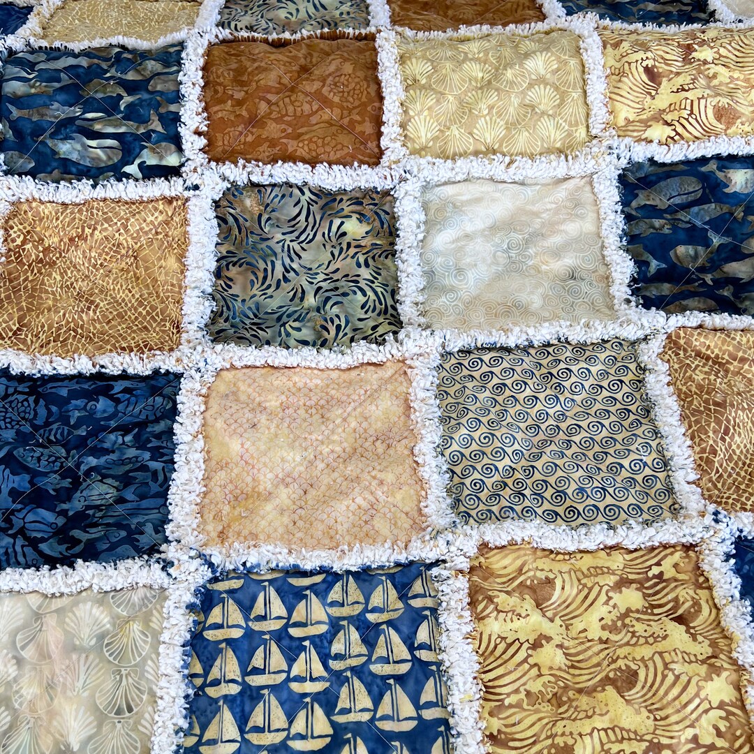 Rag Quilt Throw Ocean Prints in Blue Gold Cream Brown - Etsy