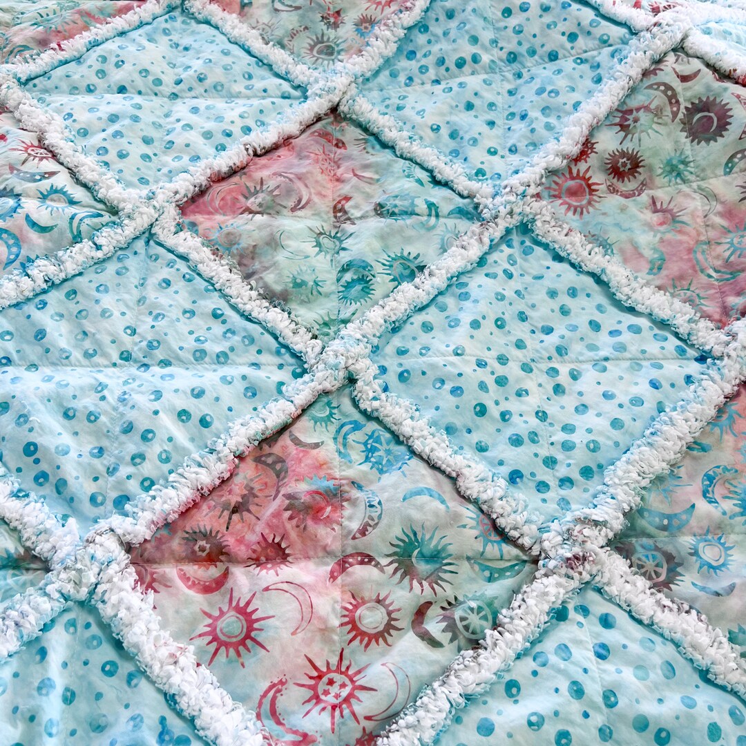 Rag Quilt Large Throw Size Summer Suns and Moons Teals Peach Rust Green ...