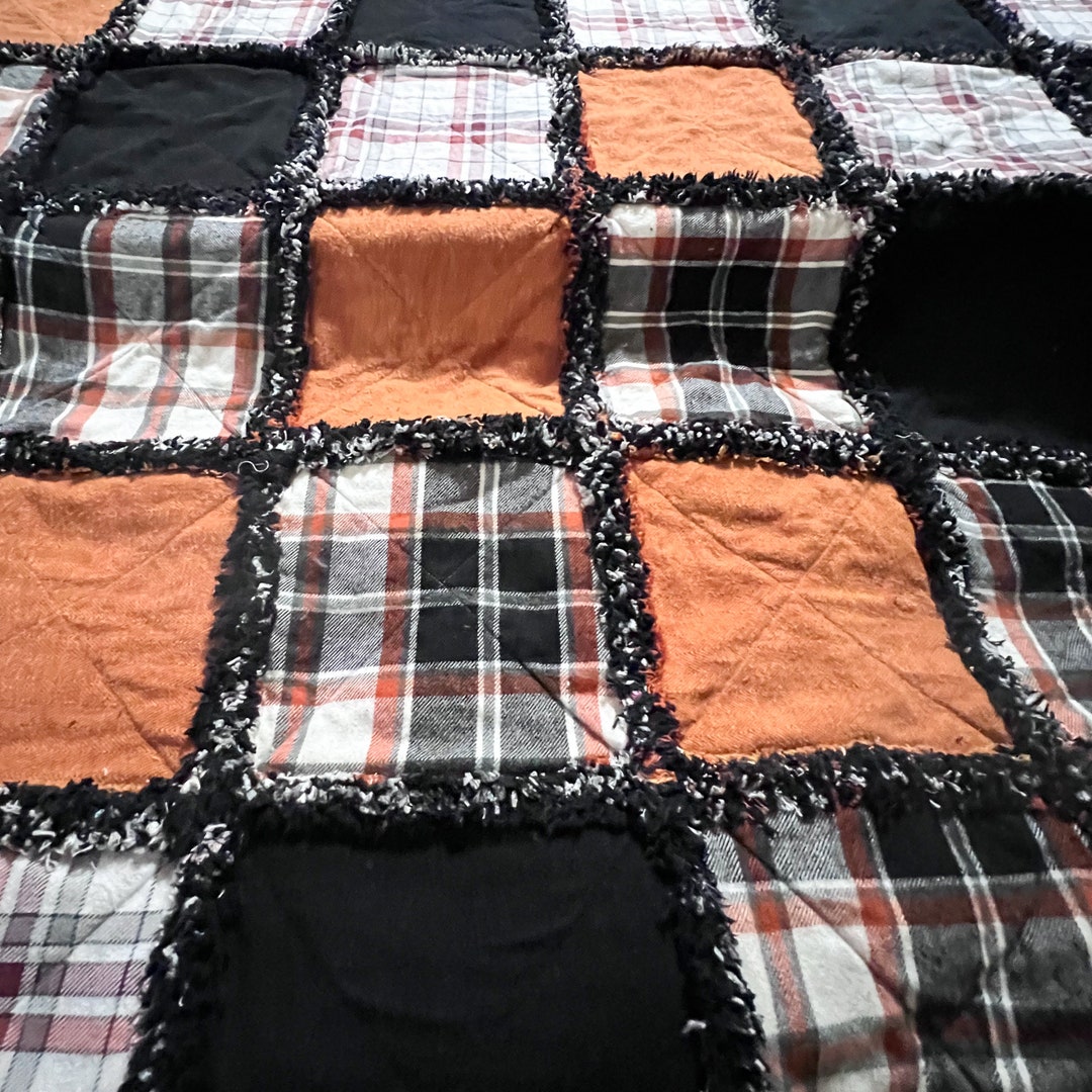 Large Plaid All Flannel Rag Quilt Throw in Gray, Gold, Black and White ...