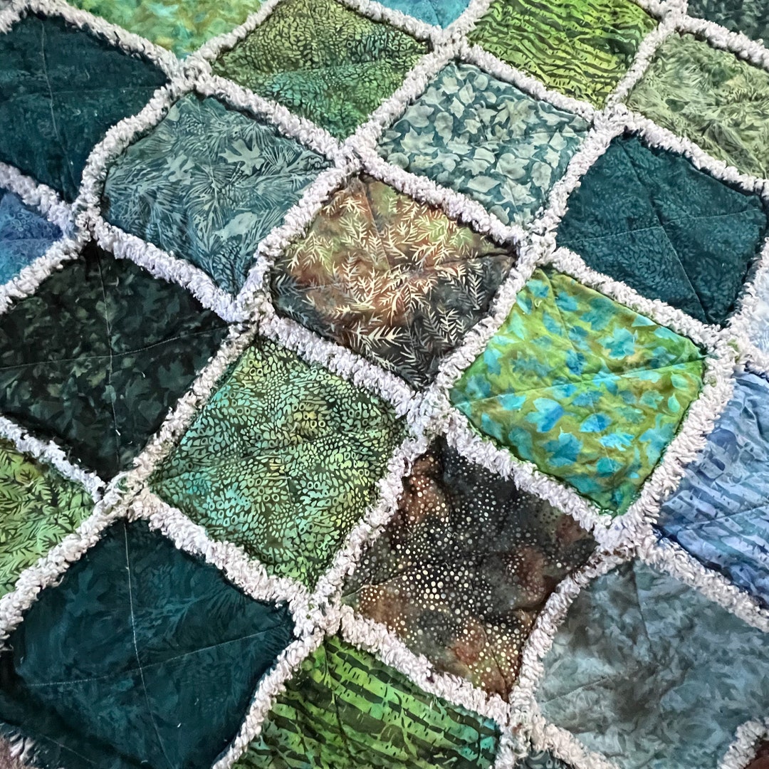 Batik Rag Quilt Throw Walking Through a Forest in Greens Golds Blues ...