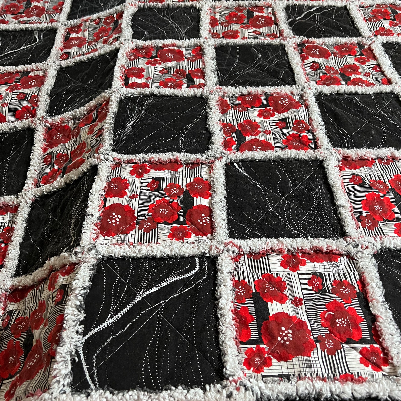 Large Rag Quilt Throw Size Red Black White Modern Graphic - Etsy