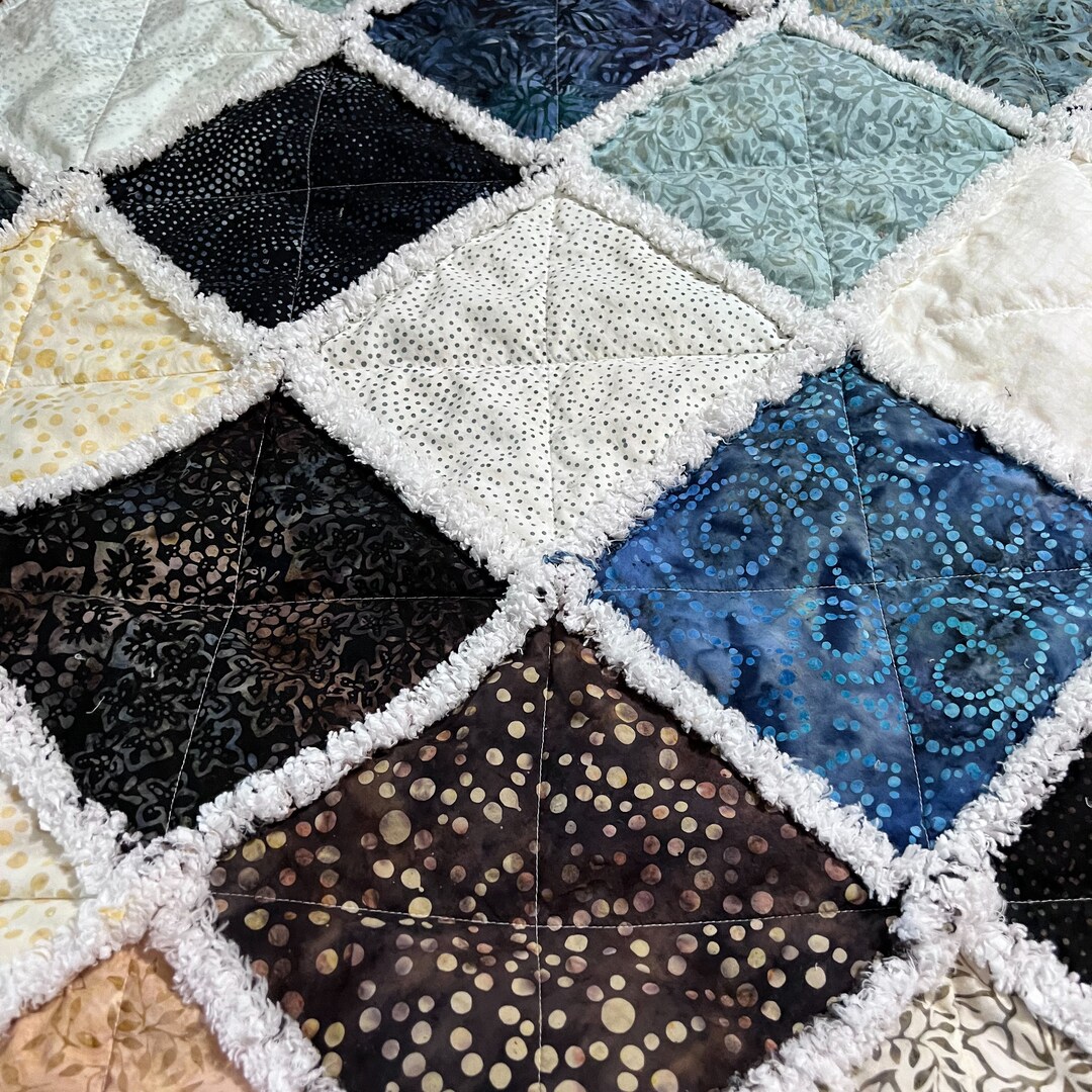Batik Rag Quilt Throw in White, Cream, Blues and Browns - Etsy
