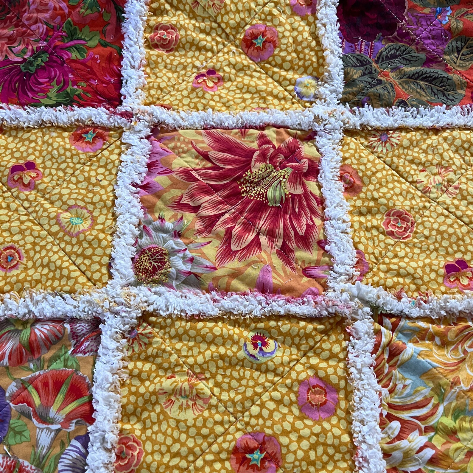 Rag Quilt Throw Floral Bright Colors Yellow Red Orange Green - Etsy