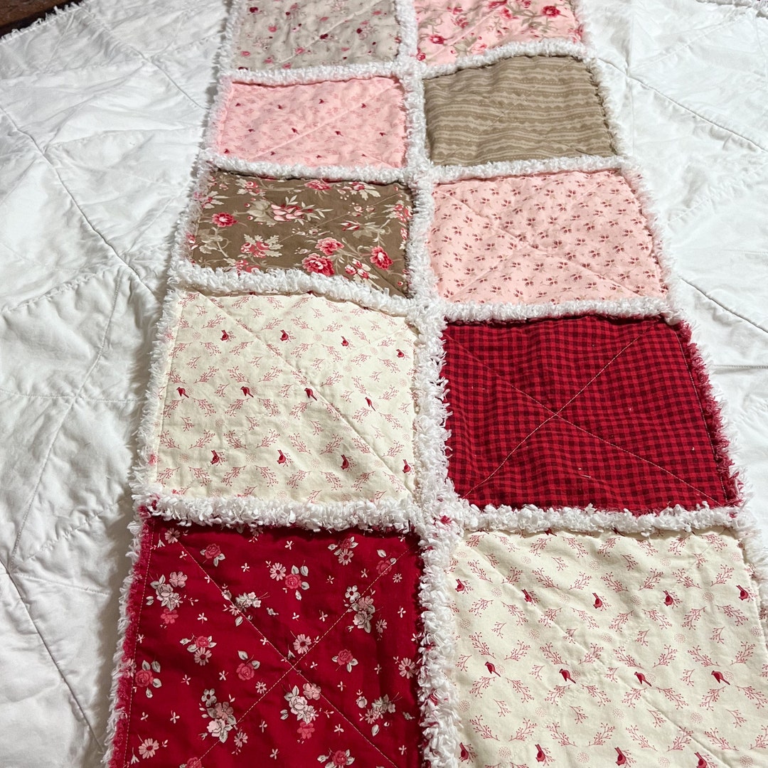 Rag Quilted Table Runner Shabby Chic Vintage in Pinks Red Beige Cream ...