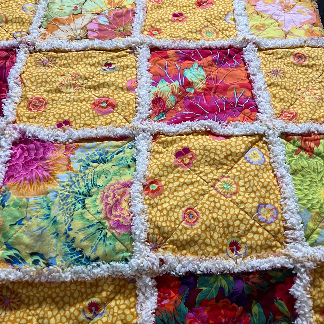Rag Quilt Throw Floral Bright Colors Yellow Red Orange Green Blue - Etsy