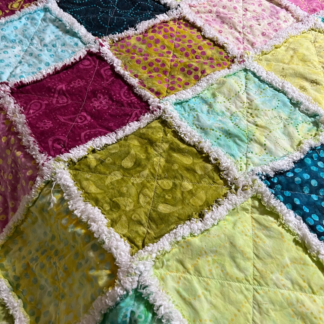 Large Batik Rag Quilt Throw Whimsical Dots Bubbles and Not Your Granny ...
