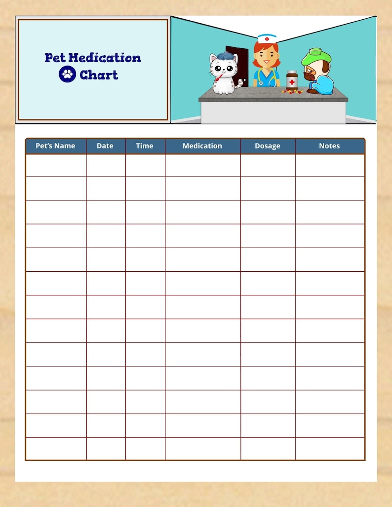 Fillable Pet Medication Chart Printable, Dog, Cat Medication Log ...