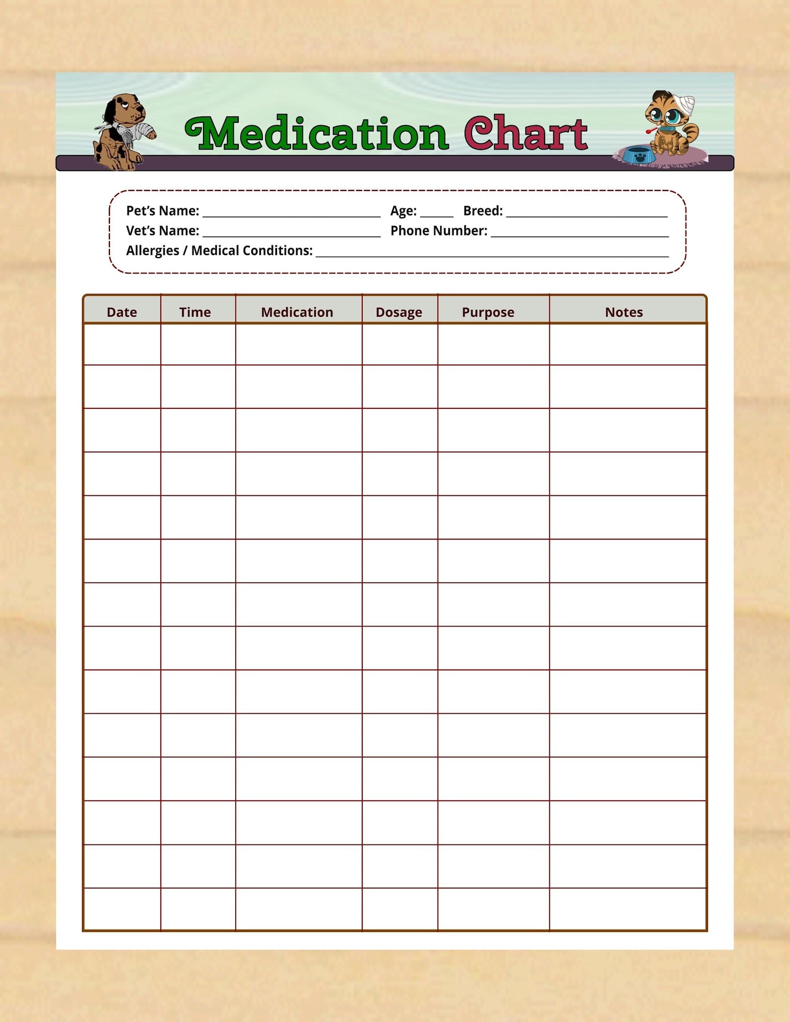 Printable Pet Medication Chart, Pet Medication Log, Cat Medication ...