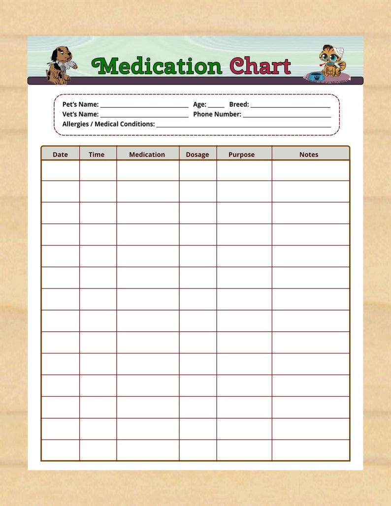 Printable Pet Medication Chart, Pet Medication Log, Cat Medication ...