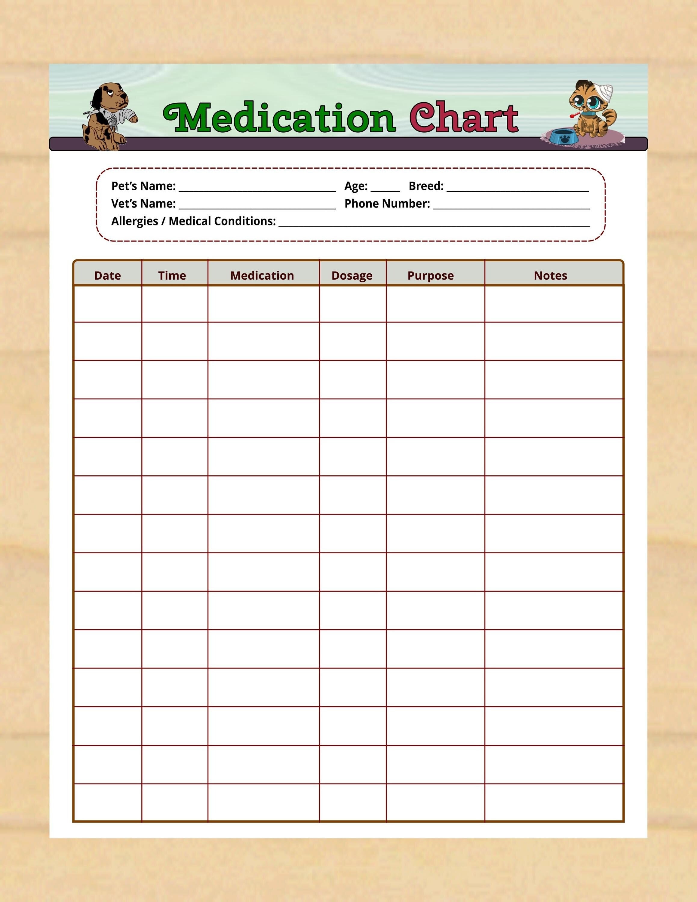 Printable Pet Medication Chart, Pet Medication Log, Cat Medication ...