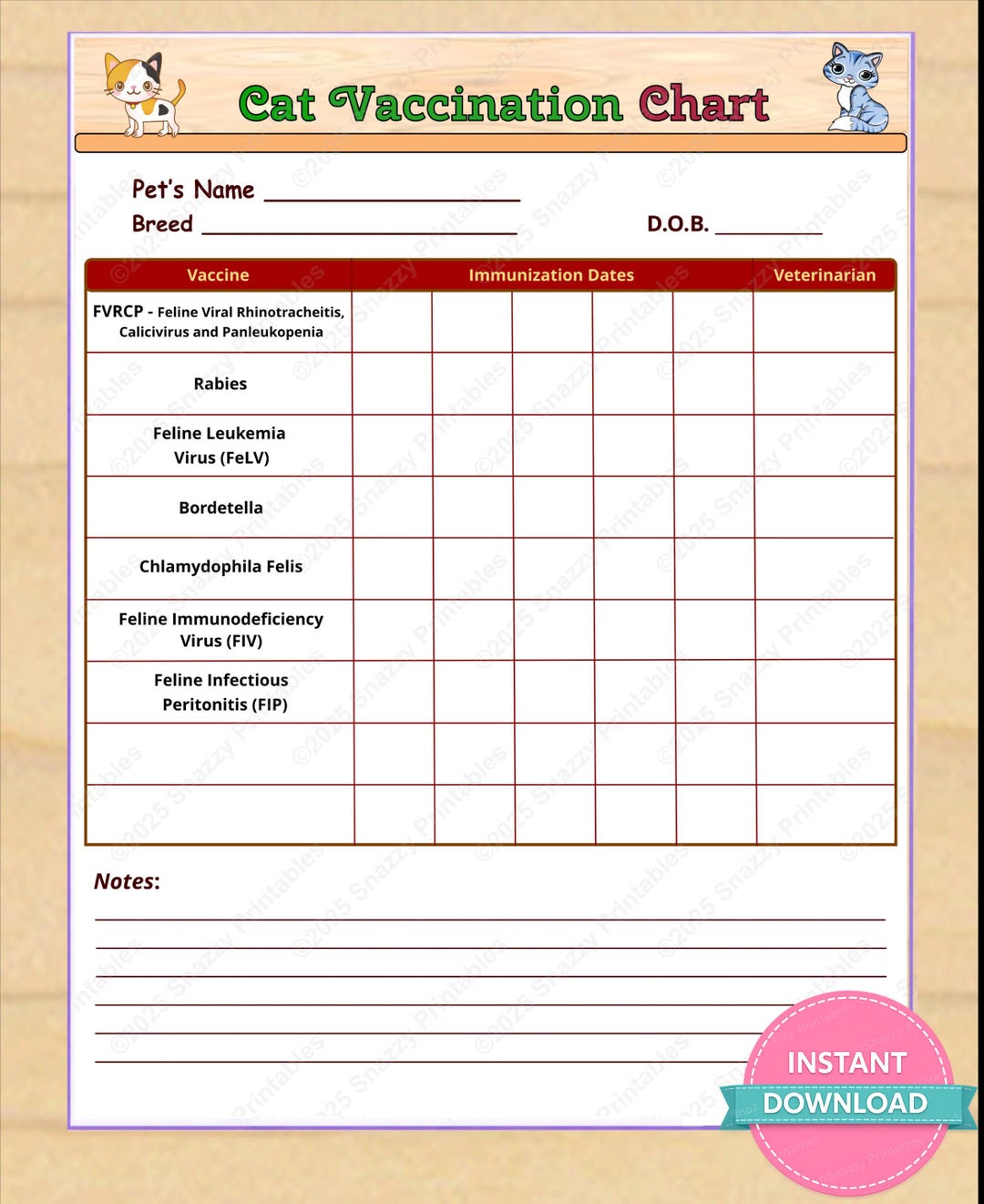 Printable Cat Vaccination Chart, Feline Medical Record for Easy Vaccine ...