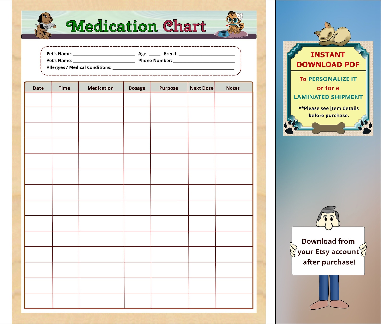 Printable Pet Medication Chart, Pet Medication Log, Cat Medication ...