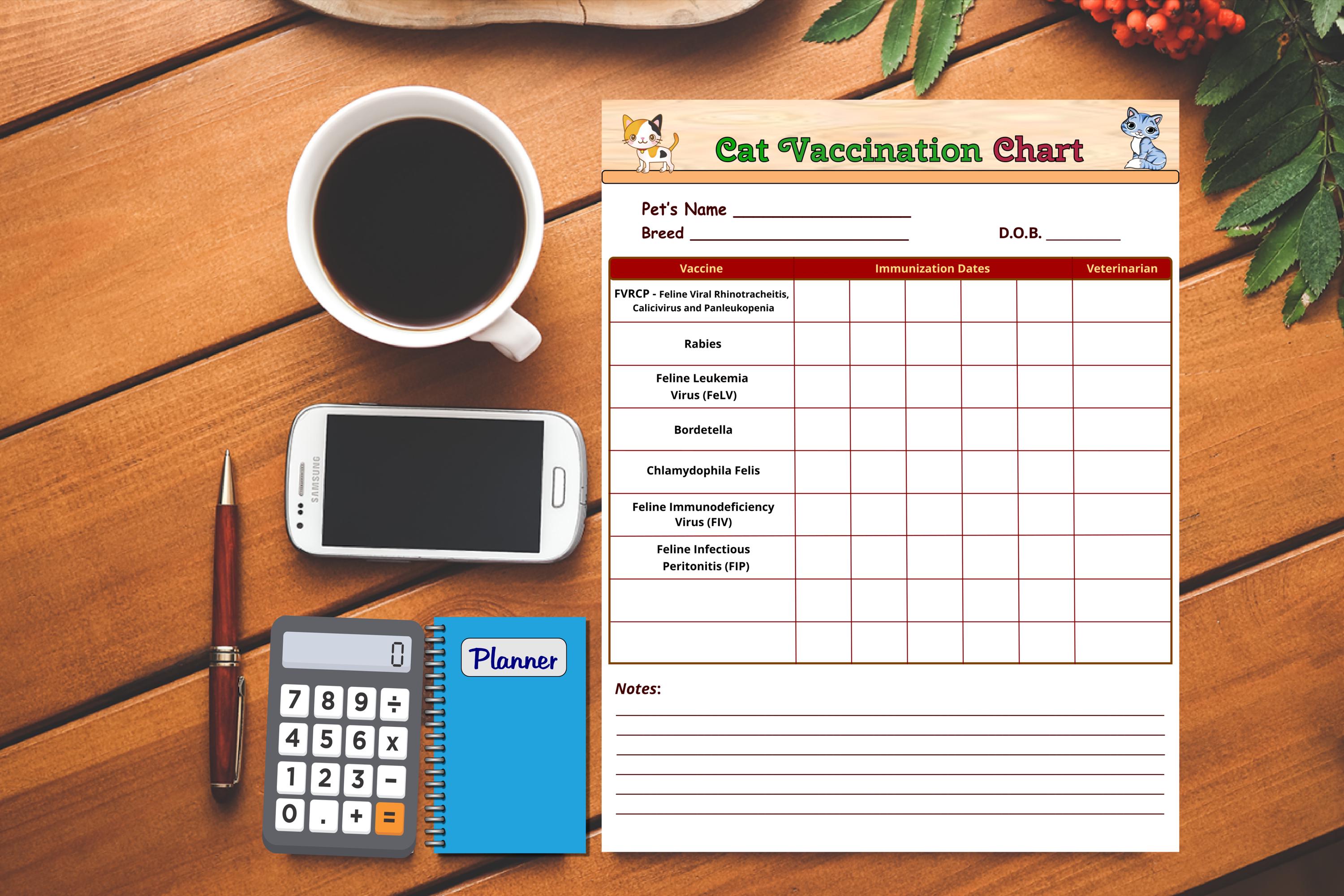Printable Cat Vaccination Chart, Pet Medical Record, Cat Vaccinations ...