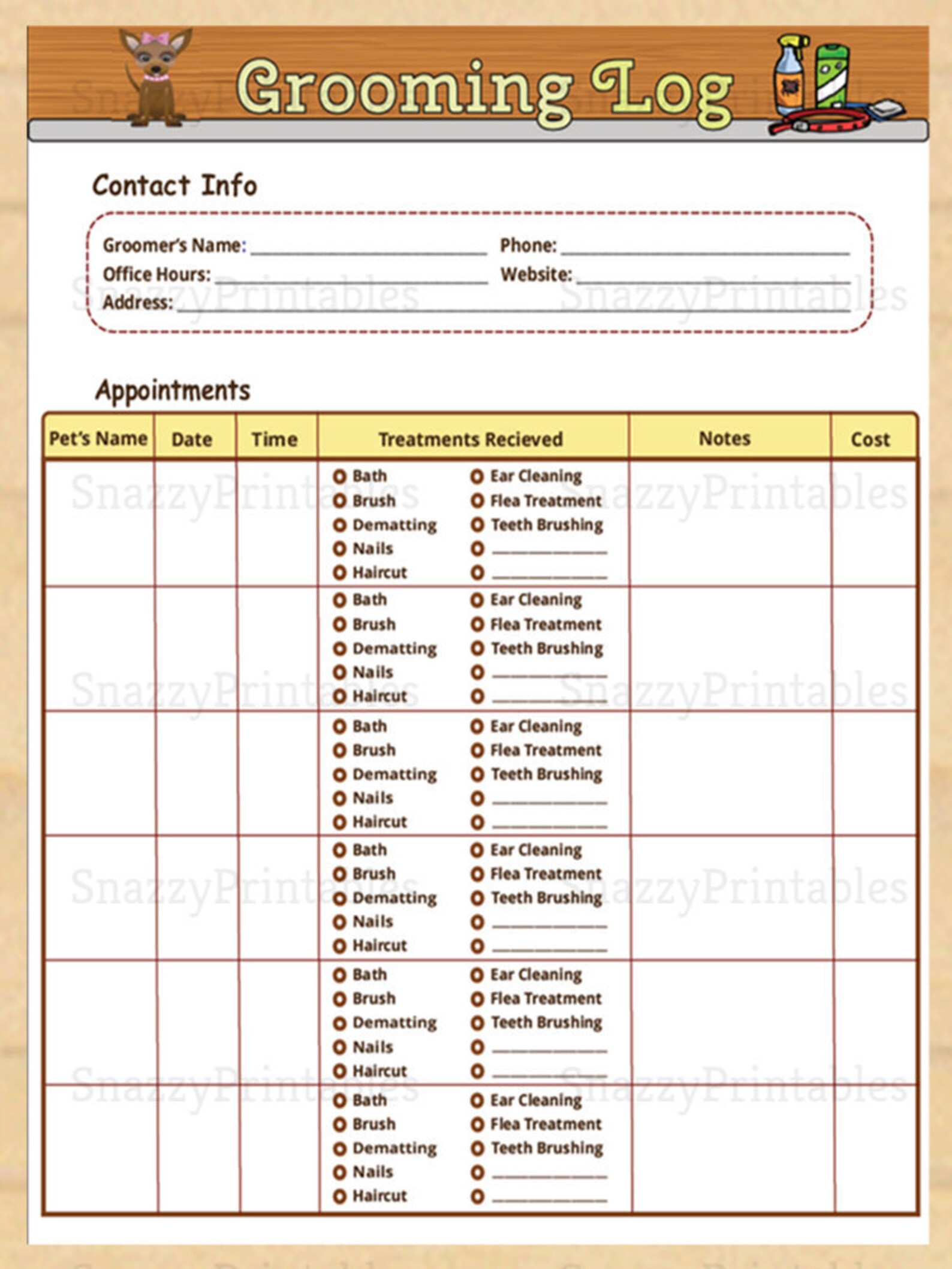 Printable Dog Grooming Log Pet Groomer s Schedule Etsy